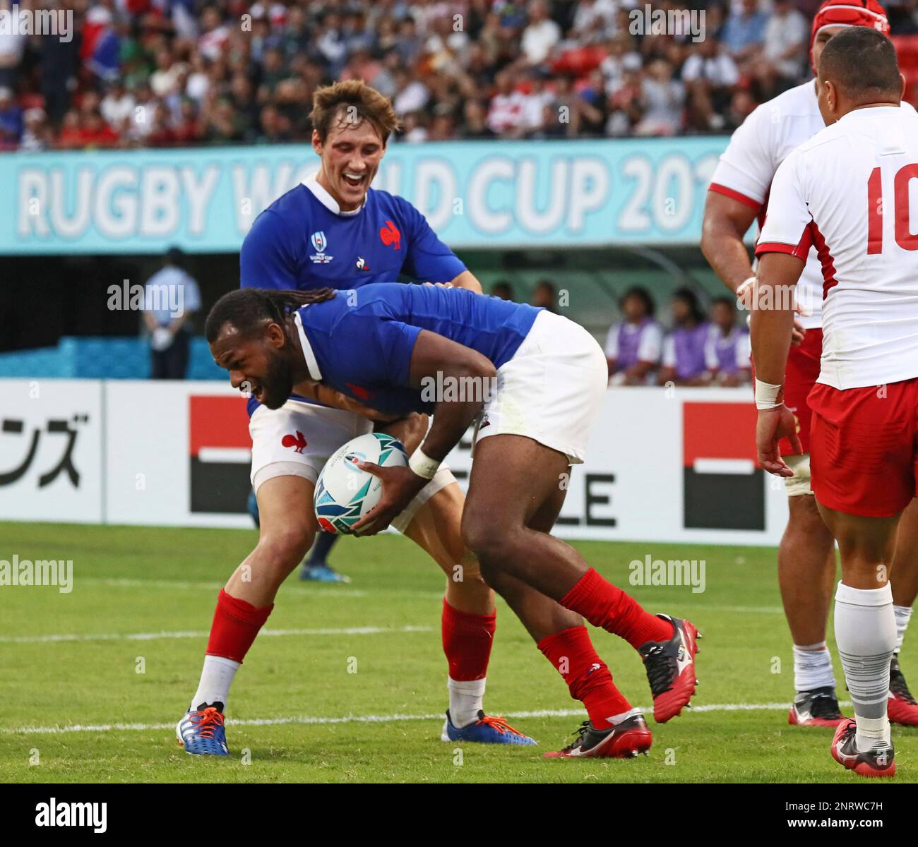 Alivereti Raka (11) of France celebrates after trying in the first half ...