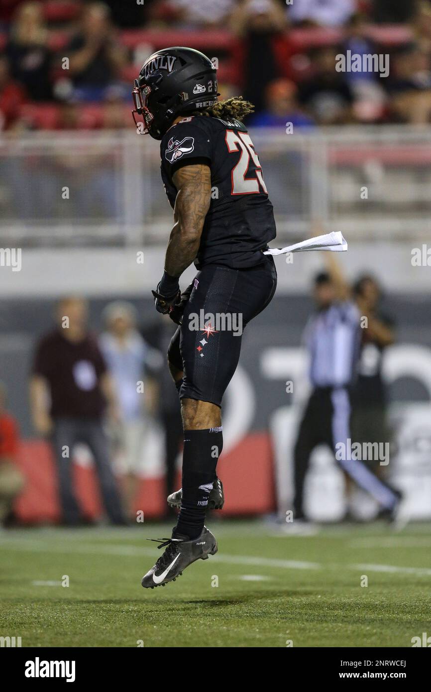 October 5, 2019: UNLV Rebels linebacker Gabe McCoy (25) celebrates ...