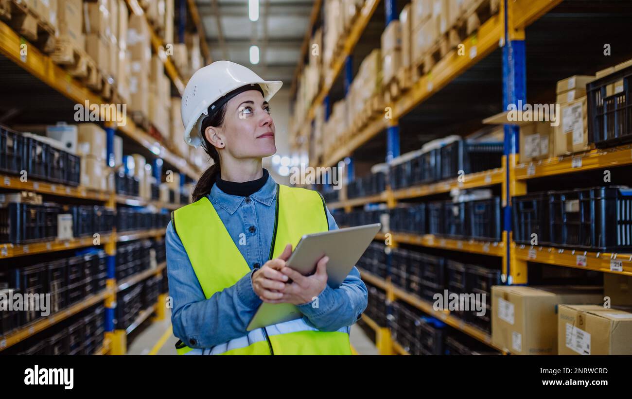 Warehouse female worker checking up stuff in a warehouse Stock Photo ...