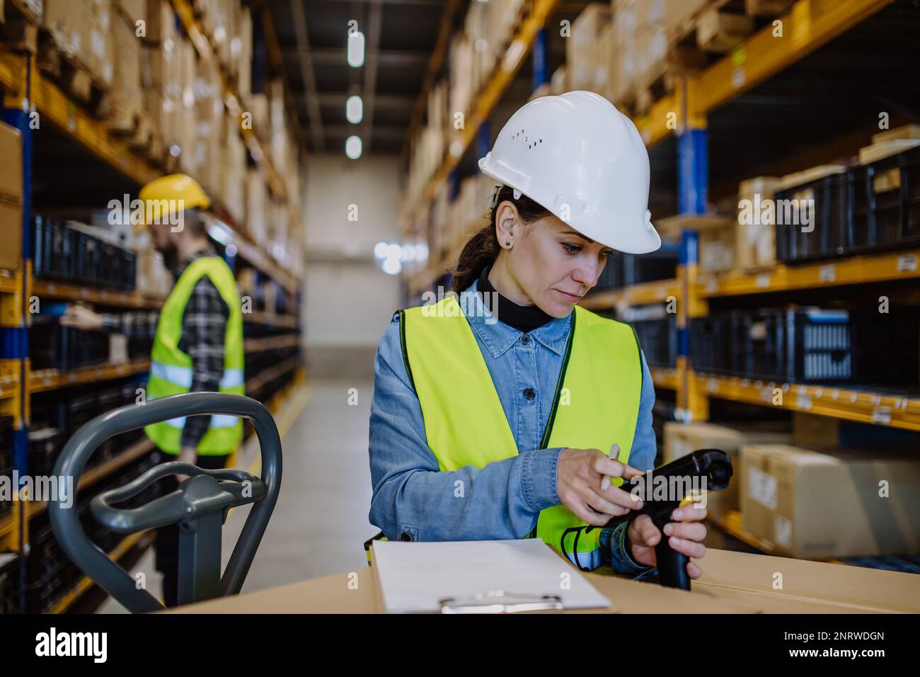 Warehouse female worker checking up stuff in a warehouse Stock Photo ...