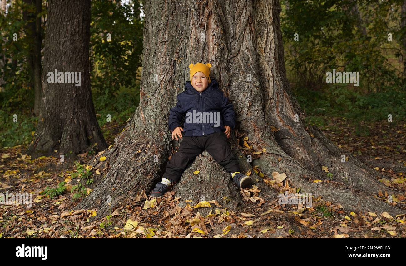 4-5 year old kid lies on the roots of a huge old tree and smiles ...