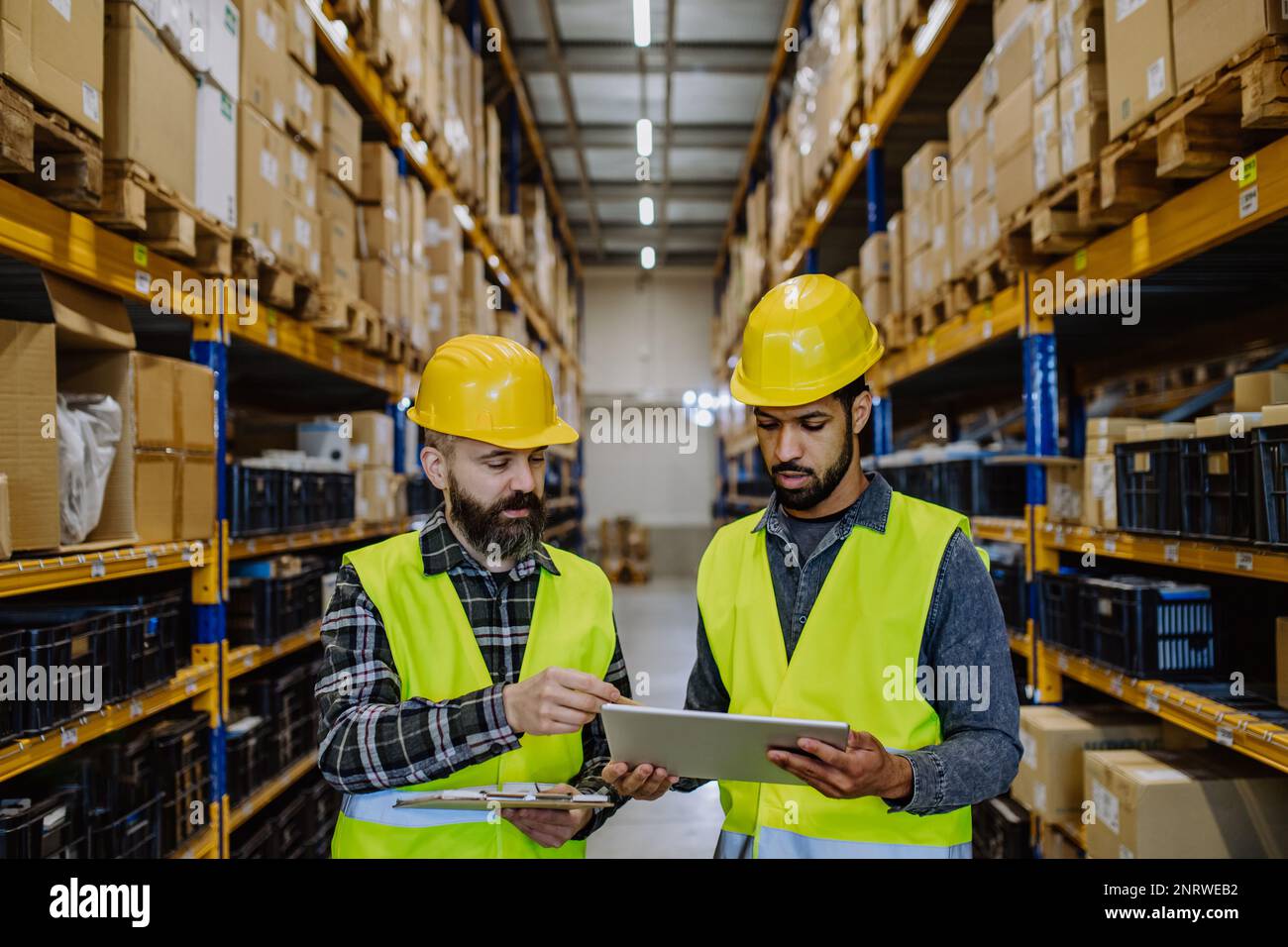Warehouse workers checking stuff in warehouse with digital system in ...
