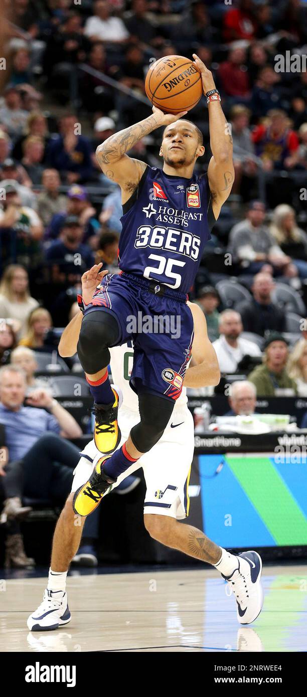 Adelaide 36ers guard Jerome Randall (25) puts up a shot ahead of Utah ...