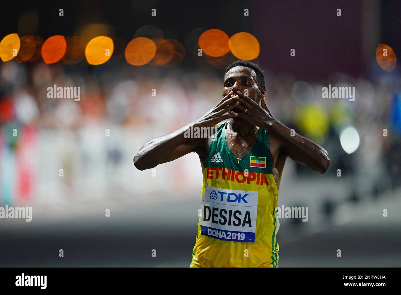 Ethiopia's Lelisa DESISA reacts after winning the Marathon Men of IAAF ...