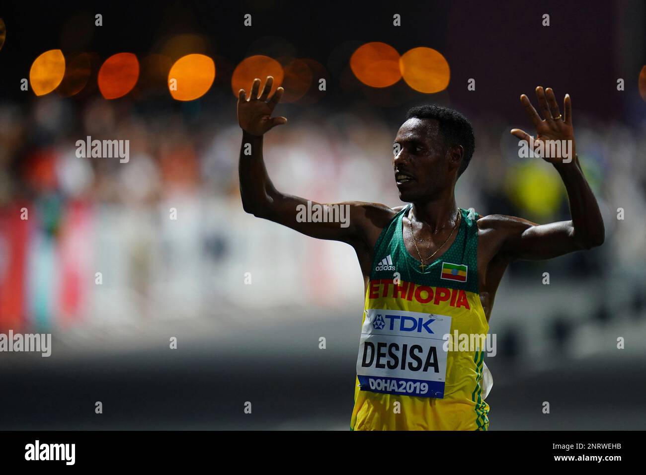 Ethiopia's Lelisa DESISA reacts after winning the Marathon Men of IAAF ...