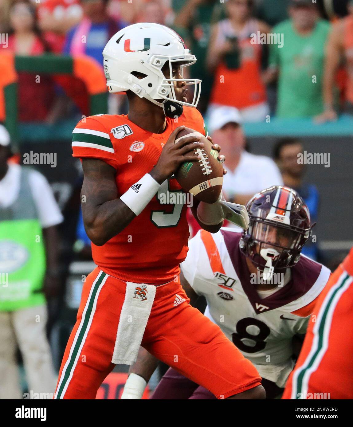 October 05, 2019: Miami Hurricanes quarterback N'Kosi Perry (5) looks ...