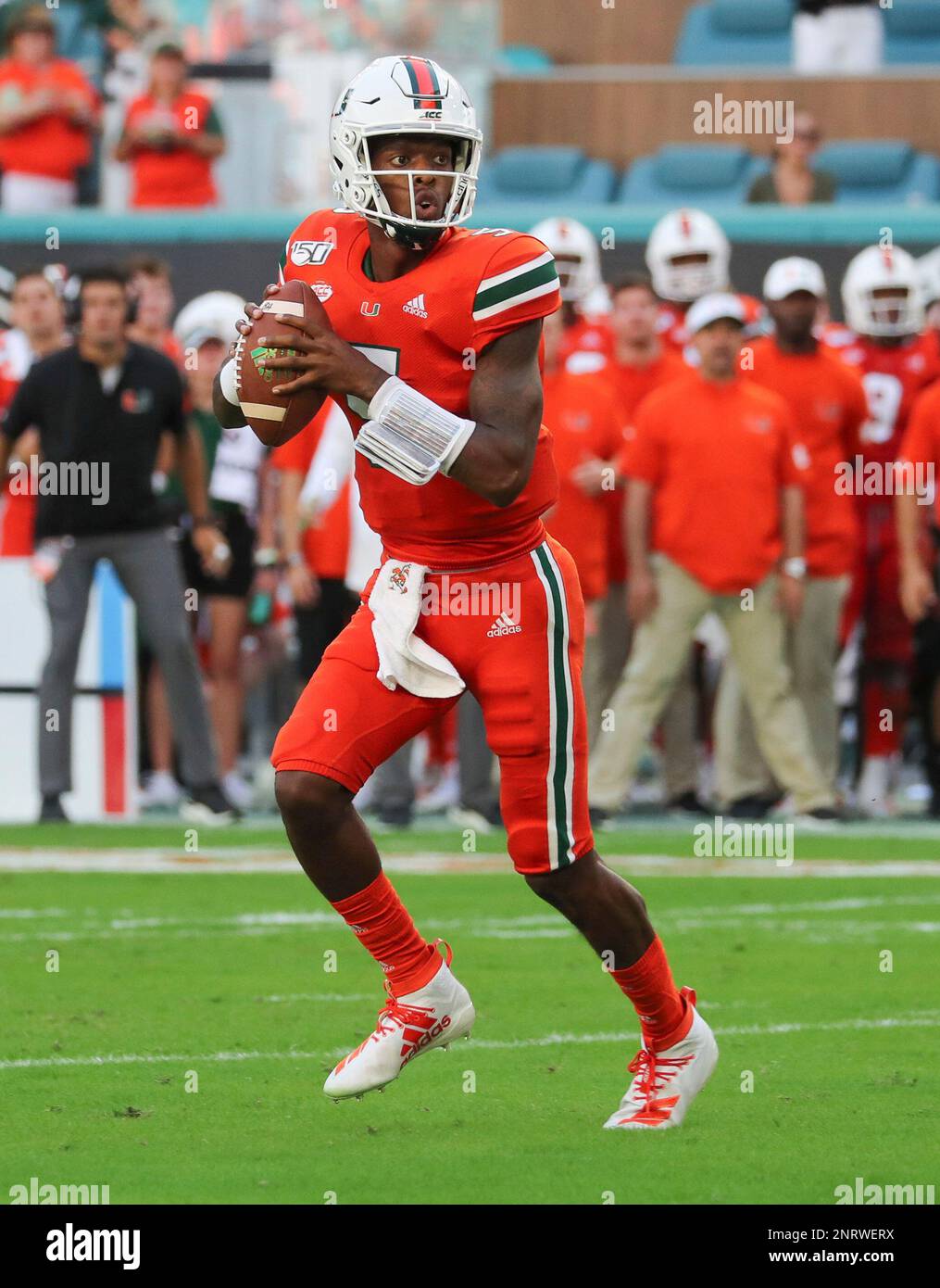 October 05, 2019: Miami Hurricanes quarterback N'Kosi Perry (5) looks ...