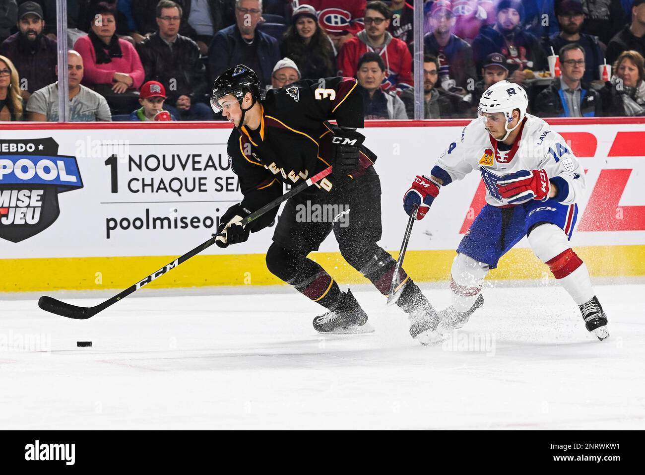 LAVAL, QC - OCTOBER 04: Laval Rocket center Matthew Peca (14) tries to ...