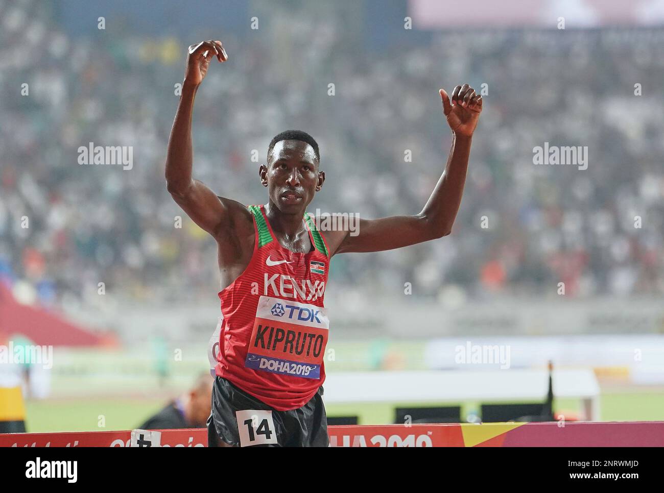 October 4, 2019: Conseslus Kipruto of Kenya winning gold in the 3000 ...