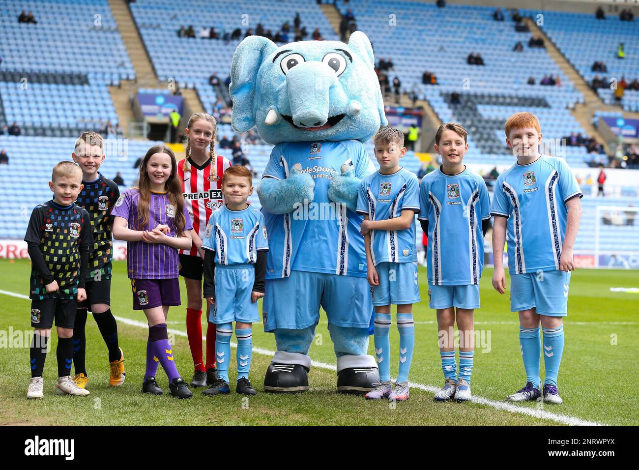 Match day mascots pose for a photo with Sky Blue Sam ahead of the Sky ...