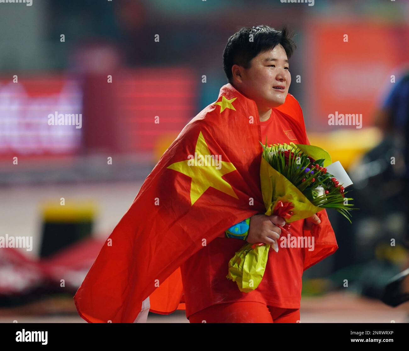 Lijiao Gong of China reacts during shot put women final of IAAF WORLD ...