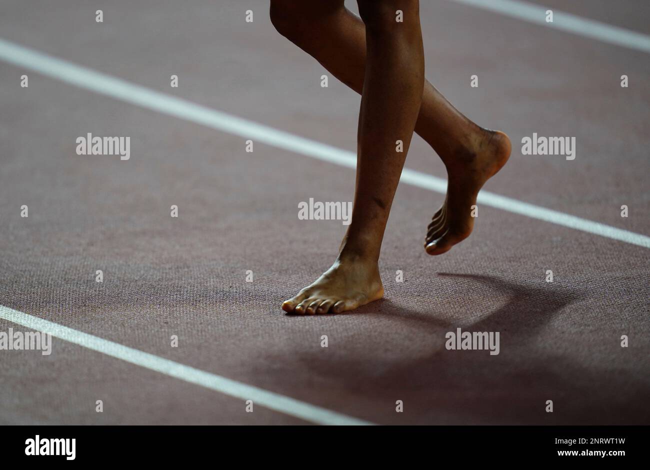 A photo shows an athlete's barefoot during 400m women final of IAAF ...