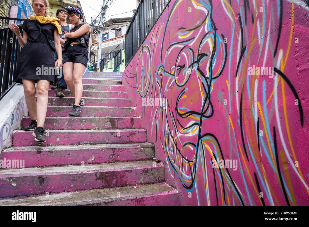Tourists, Street art, mural, graffiti, Comuna 13, Medellín, Colombia ...