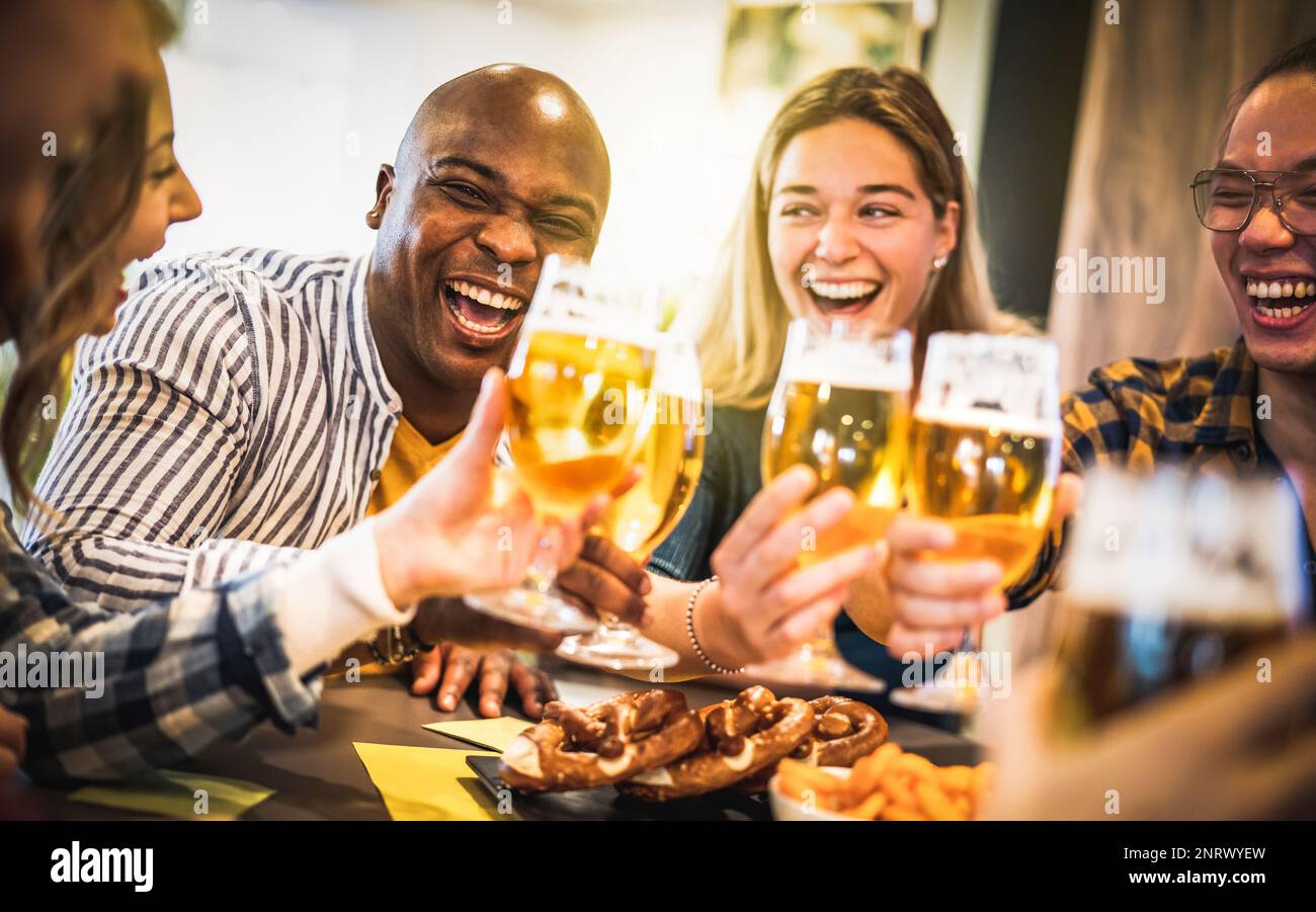 People group drinking beer at brewery bar restaurant - Beverage concept ...