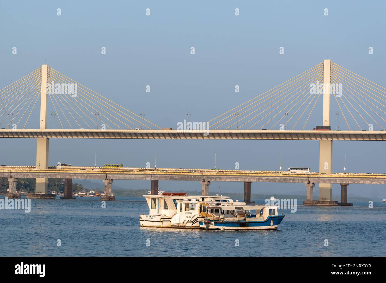 Panjim, Goa, India - January 2023: Tourist boats on the Mandovi river ...