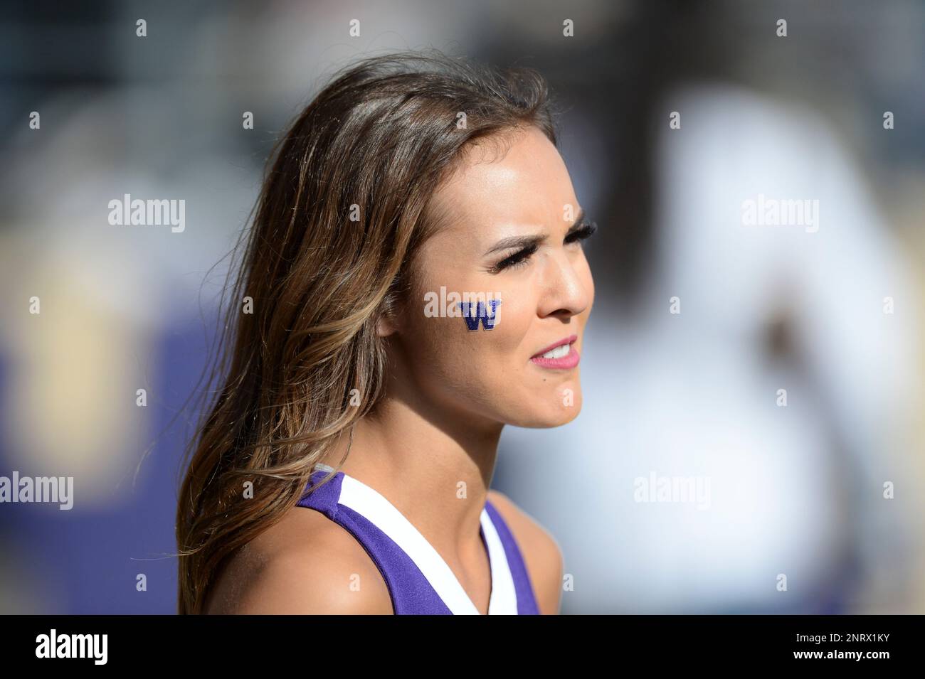 SEATTLE, WA - SEPTEMBER 28: A UW cheerleader looks on during a PAC12 ...