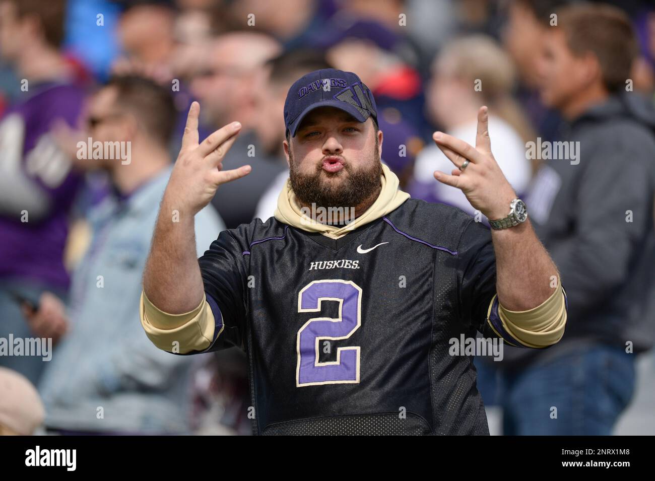 SEATTLE, WA - SEPTEMBER 28: A Washington Husky fan shows his spirit ...