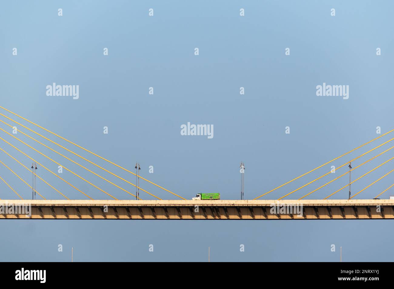 Panjim, Goa, India - January 2023: A trucks moving on the cable stayed ...