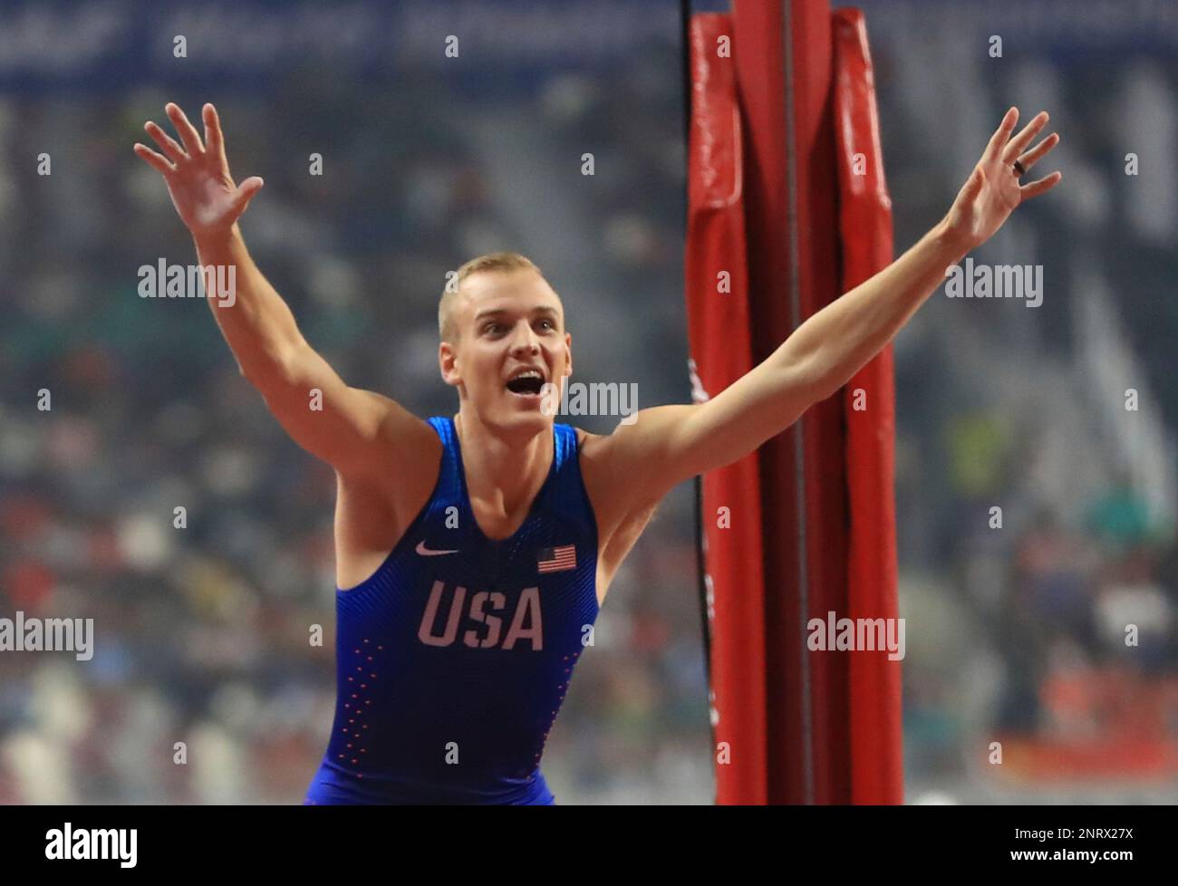 U.S. Sam KENDRICKS reacts after performing in Pole Vault Men of IAAF ...