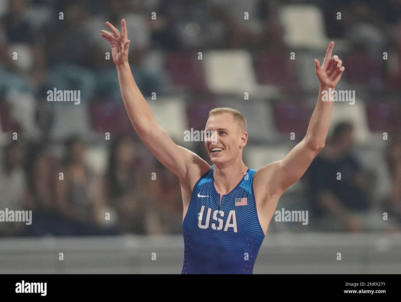 U.S. Sam KENDRICKS reacts after performing in Pole Vault Men of IAAF ...