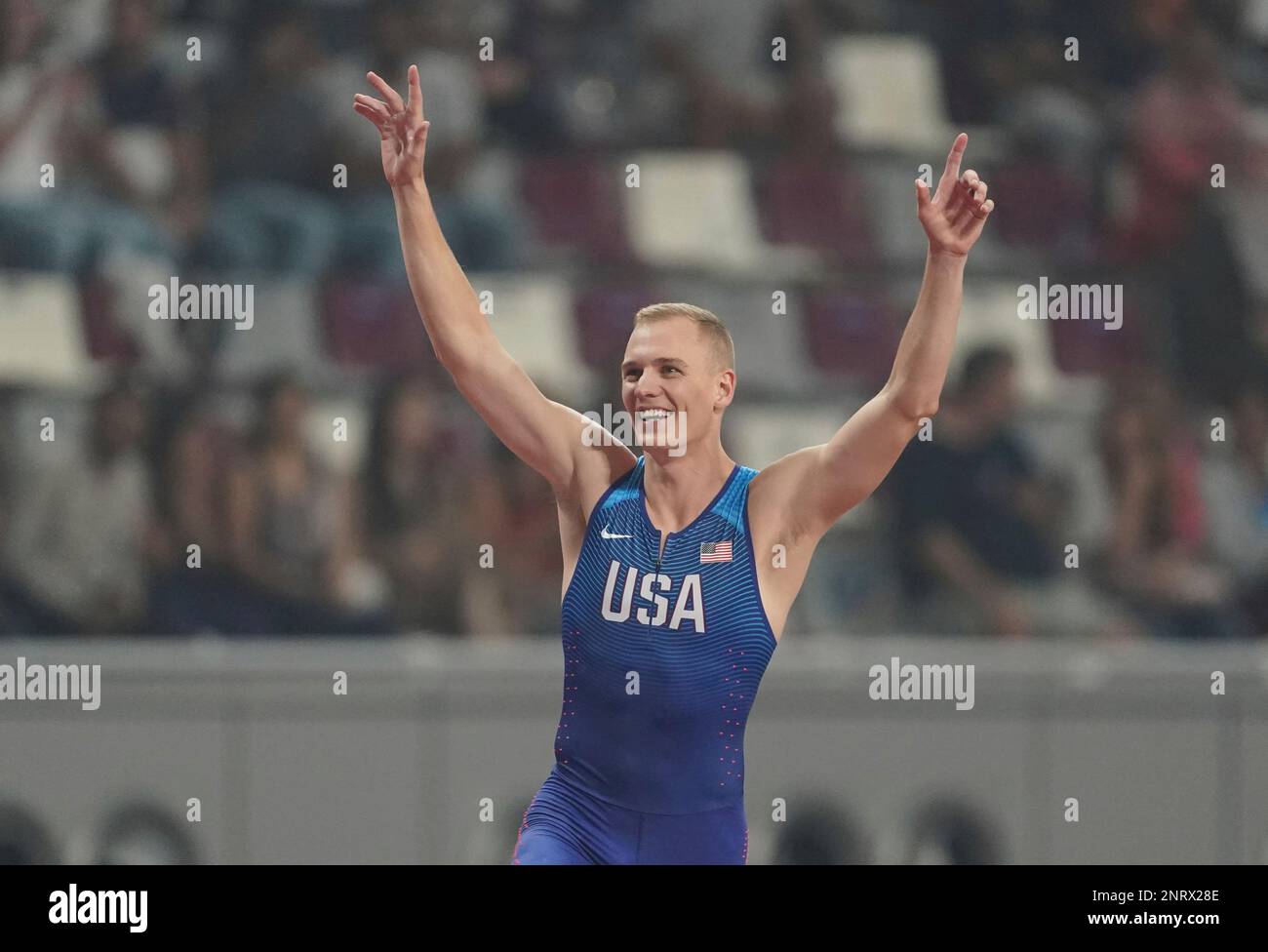U.S. Sam KENDRICKS reacts after performing in Pole Vault Men of IAAF ...
