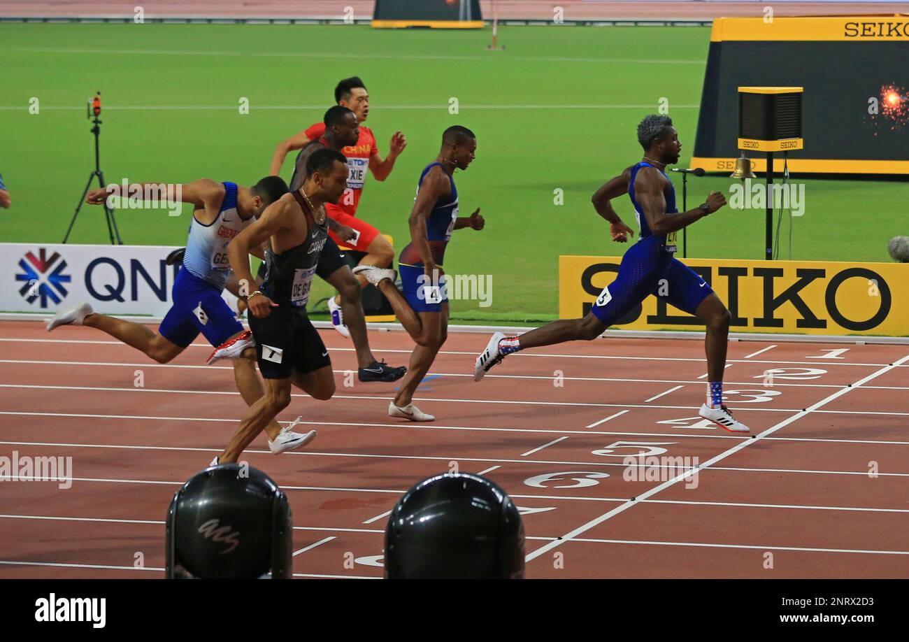 U.S. Noah LYLES (R) and other runners compete in 200 meters Men in IAAF ...