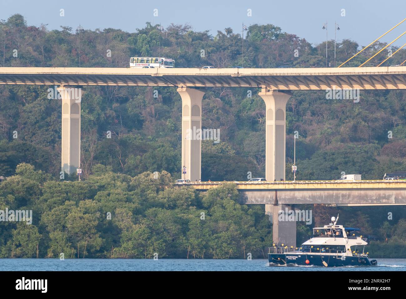 Panjim, Goa, India - January 2023: A boat sailing on the Mandovi river ...
