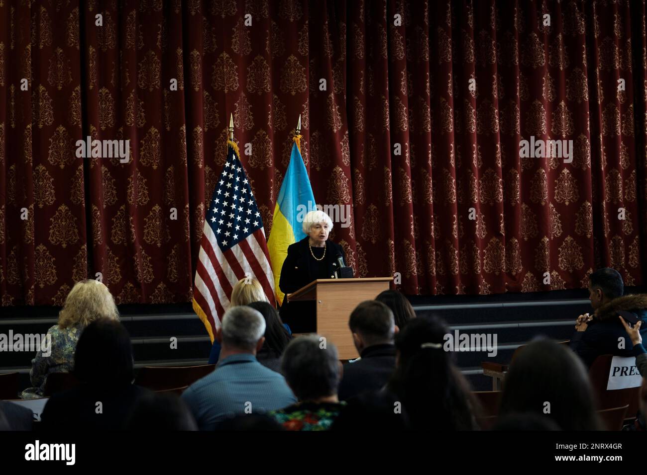 U.S. Treasury Secretary Janet Yellen delivers a statement during a visit of the Obolon School ...