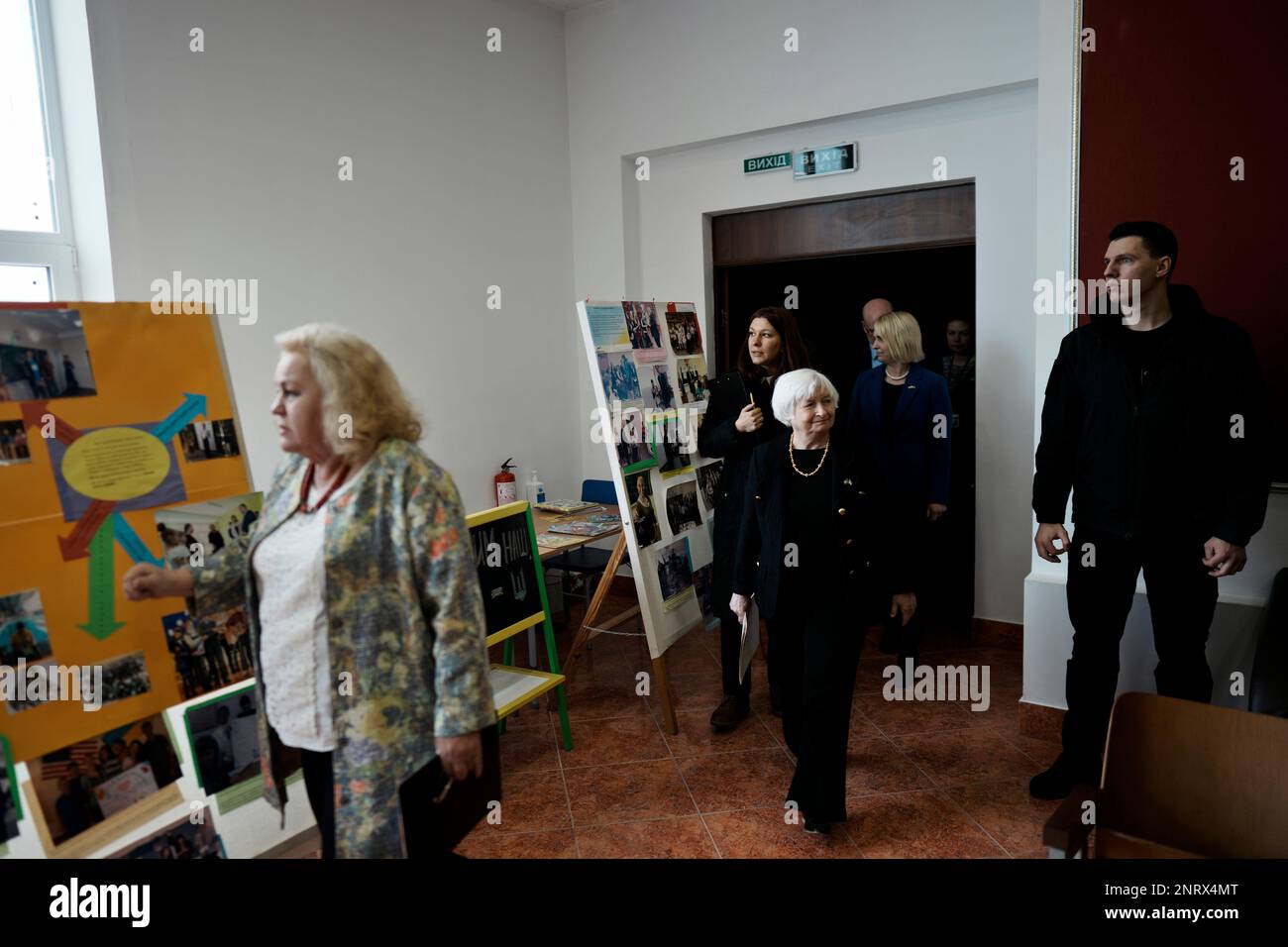U.S. Treasury Secretary Janet Yellen, center, visits the Obolon School ...