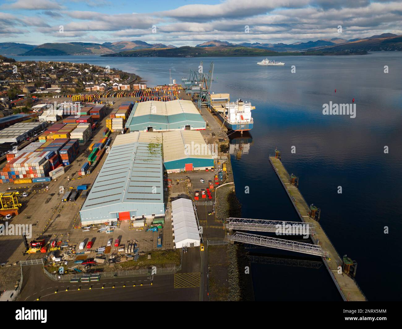 Aerial view of Peel Ports Clydeport Greenock Ocean Terminal in Greenock ...