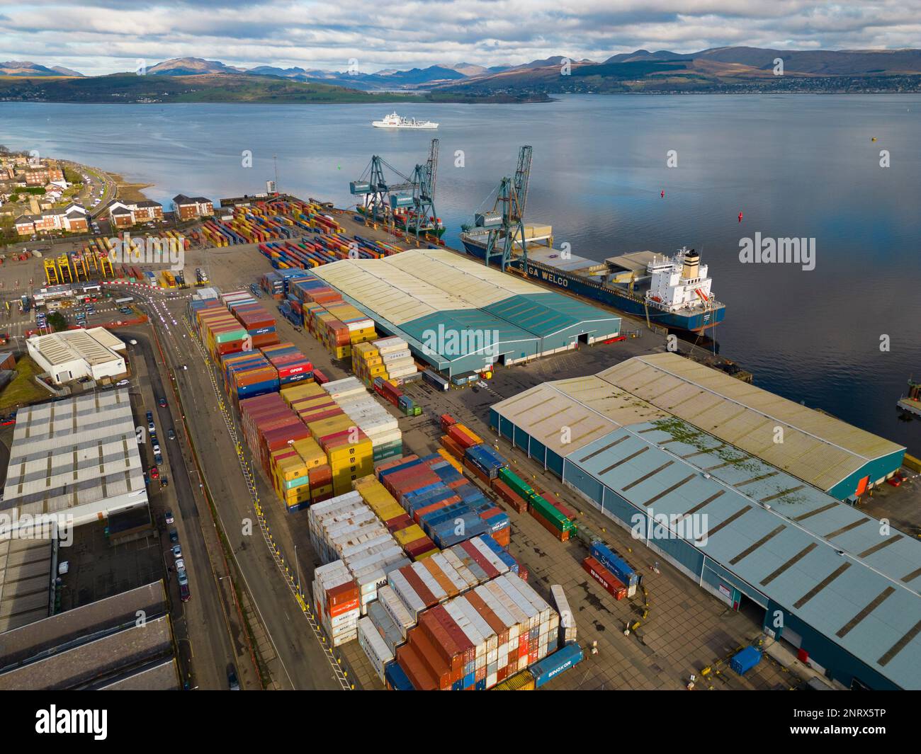 Aerial view of Peel Ports Clydeport Greenock Ocean Terminal in Greenock ...