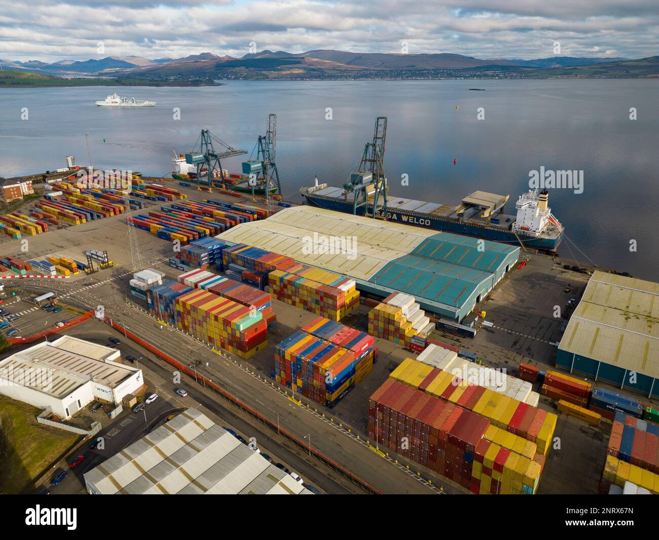 Aerial view of Peel Ports Clydeport Greenock Ocean Terminal in Greenock ...
