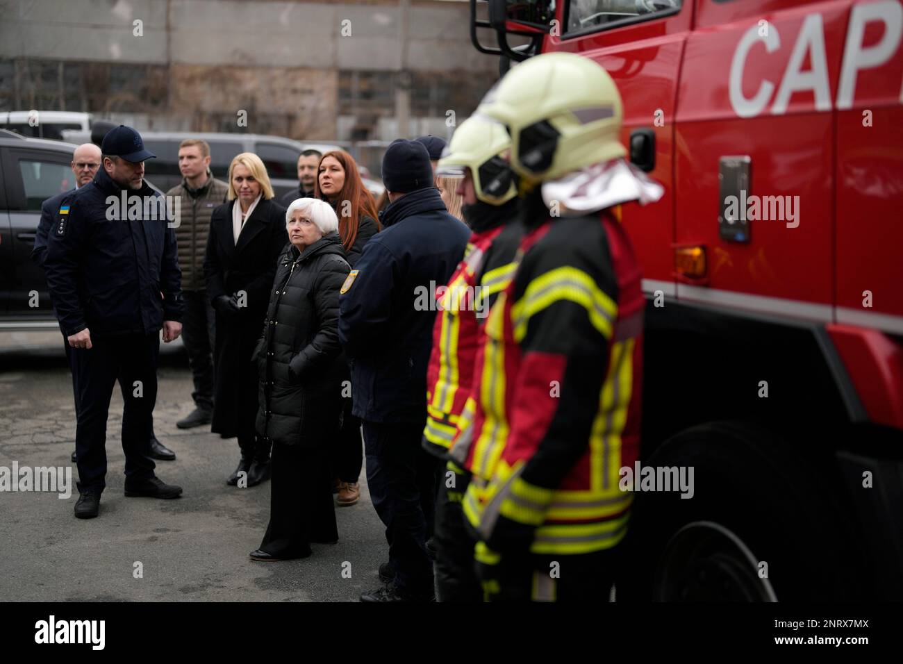 U.S. Treasury Secretary Janet Yellen, center, visits a fire station in Kyiv, Ukraine, Monday ...
