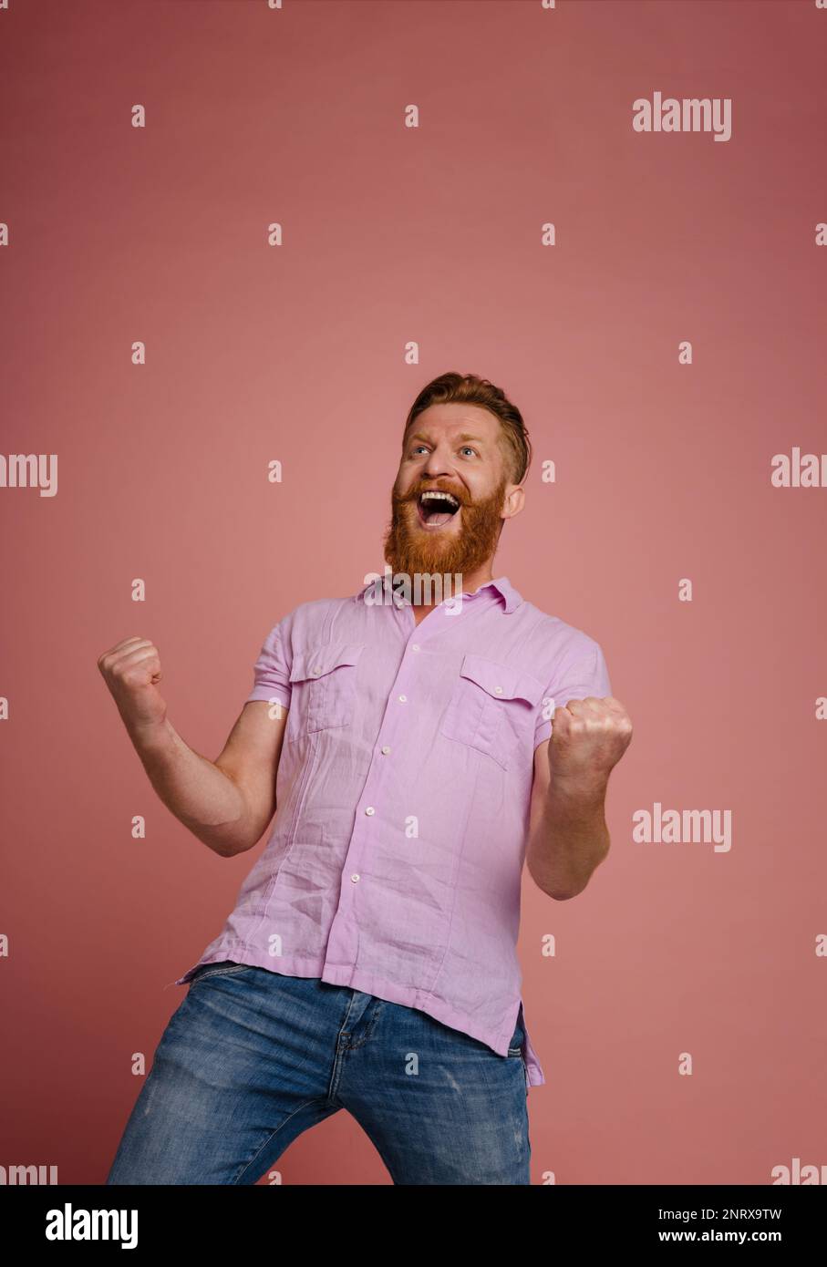 Ginger white man with beard screaming and winner gesture isolated over ...