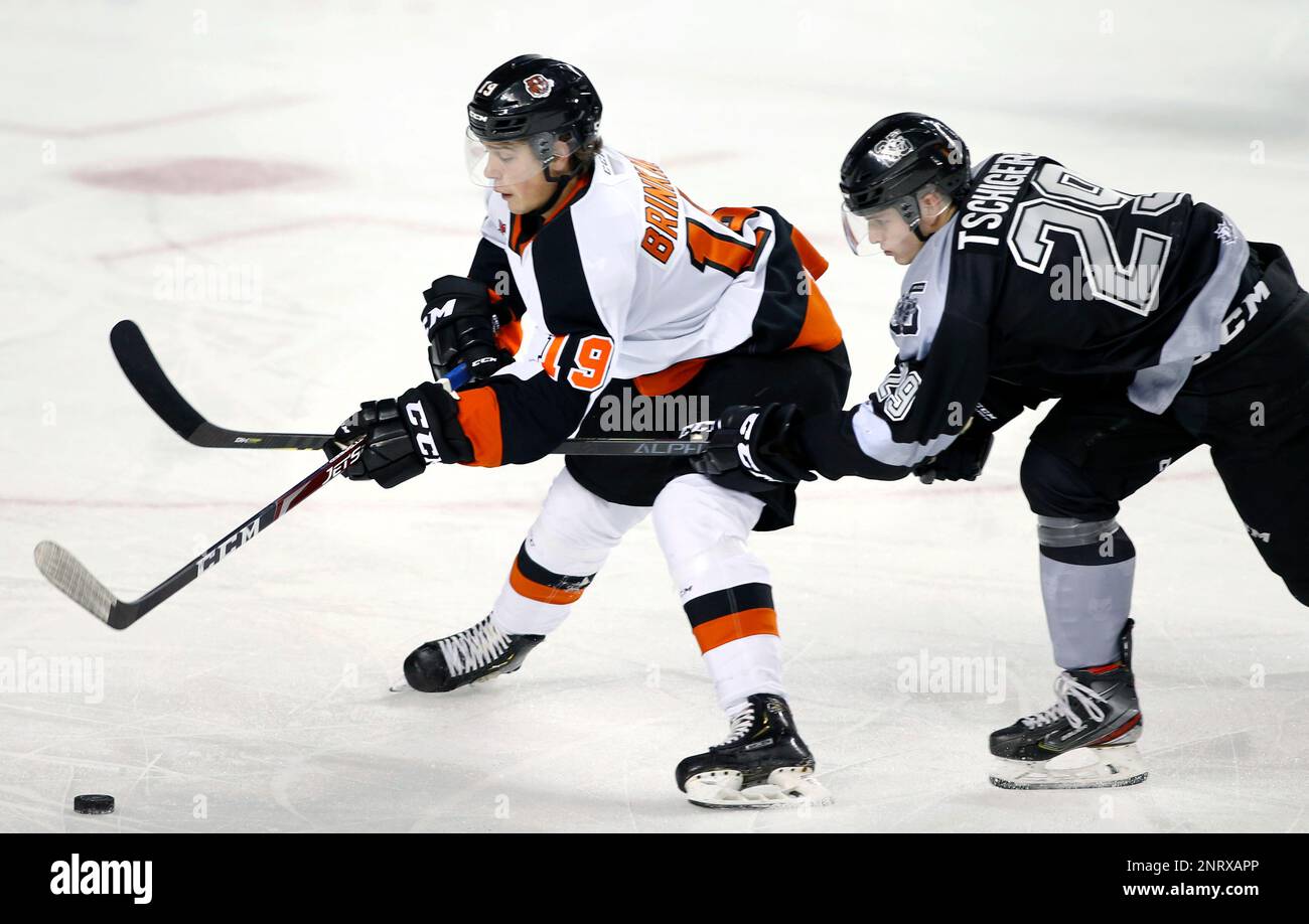 Medicine Hat Tigers player Jonathan Brinkman, lt, battles for the puck ...
