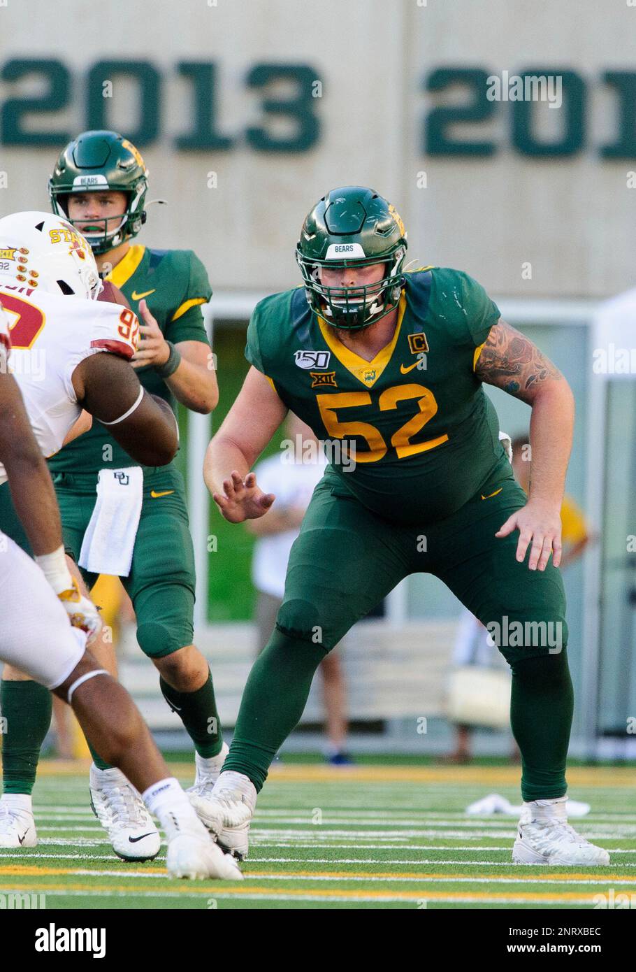 September 28 2019: Baylor Bears offensive lineman Sam Tecklenburg (52) drops back for pass ...
