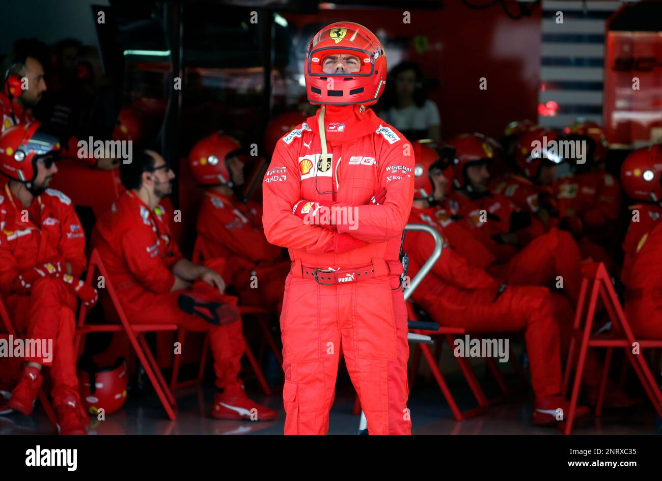 A Ferrari mechanic stands at the Ferrari garage during the Russian ...