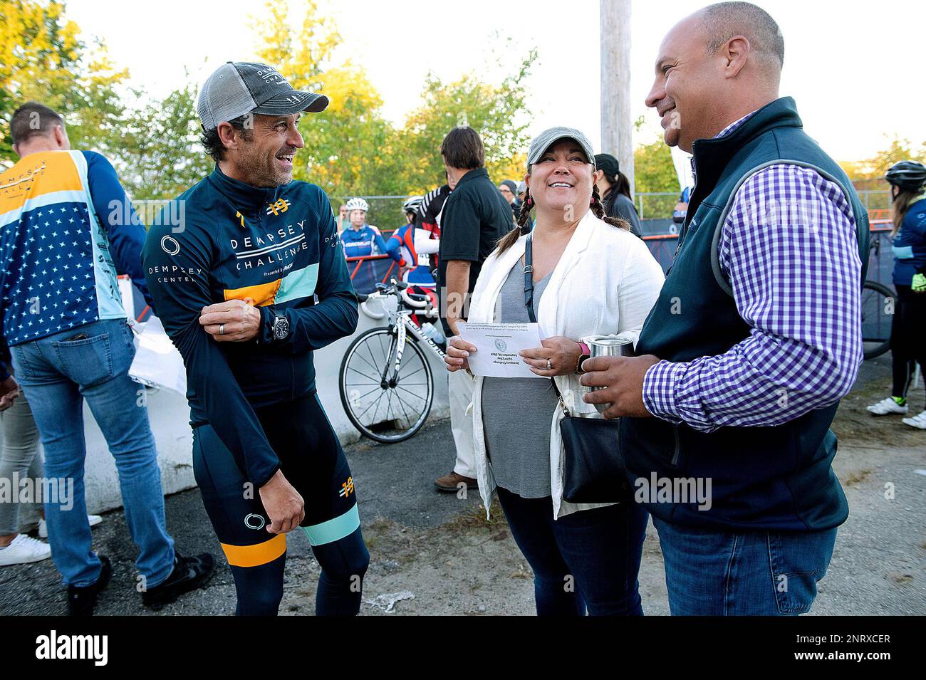 Patrick Dempsey talks with Lewiston, Maine, Mayor Kristen Cloutier and ...