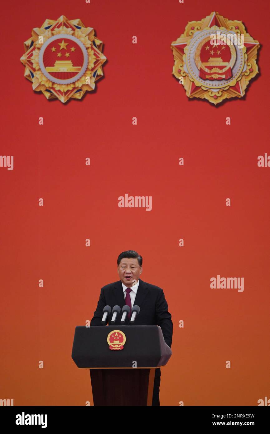 Chinese President Xi Jinping makes a speech during an award ceremony in ...