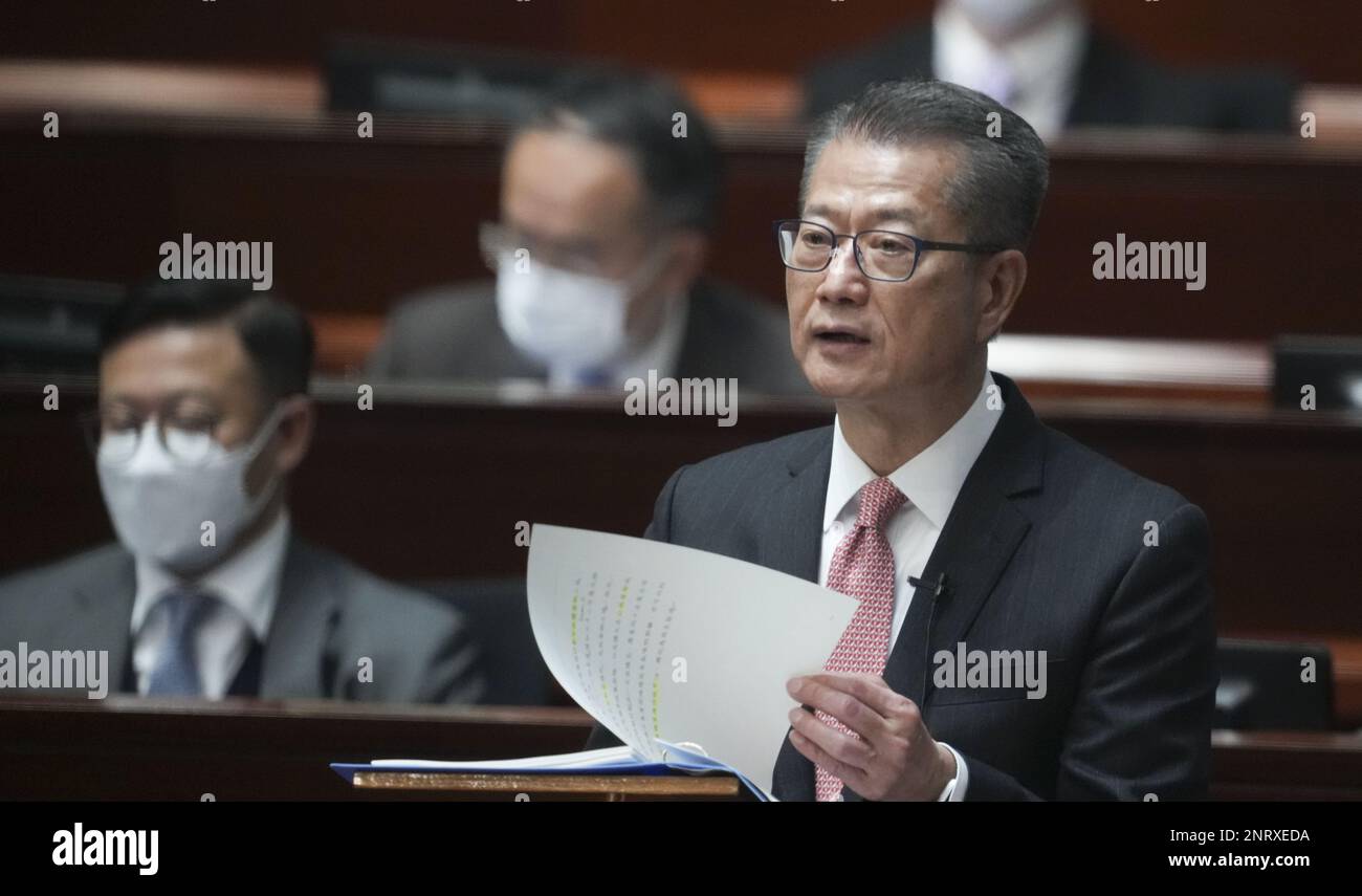 Financial Secretary Paul Chan Mo-po delivers a speech on his 2023-24 ...