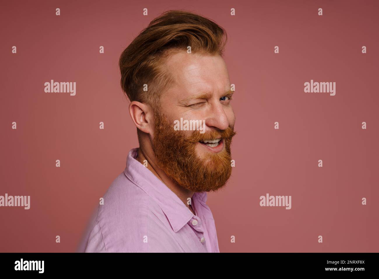Ginger white man with beard winking and smiling at camera isolated over ...
