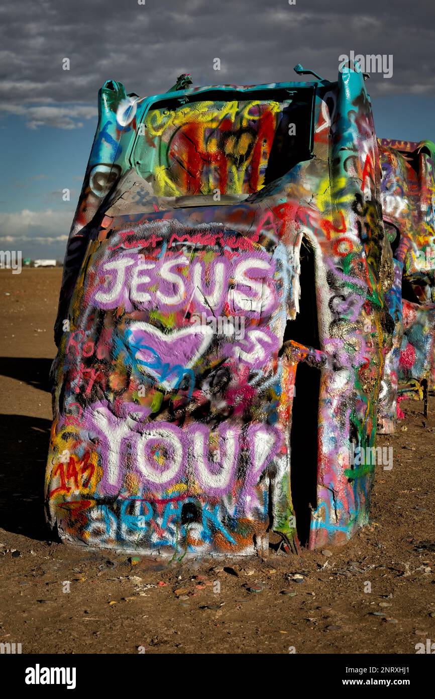 On historic Route 66, the Cadillac Ranch stands near Amarillo, Texas as ...