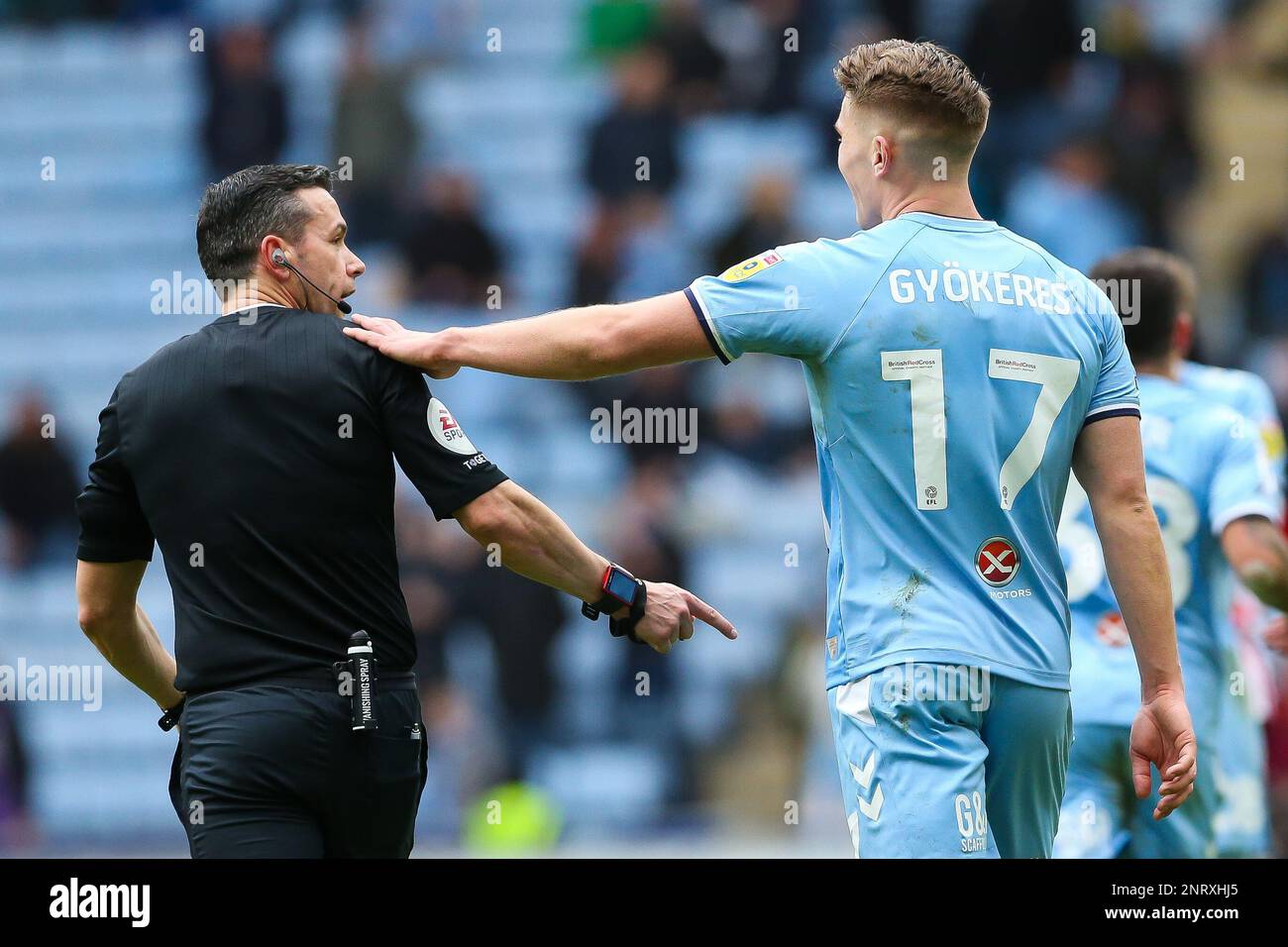 Coventry City's Viktor Gyokeres speaks to referee Dean Whitestone after ...