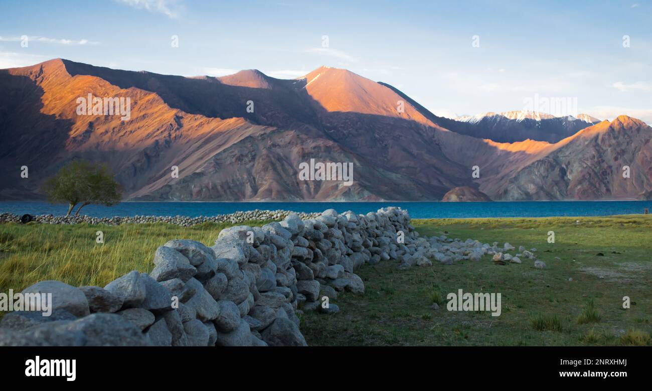 View of pangong lake from merak village in ladakh. himalayan mountains ...