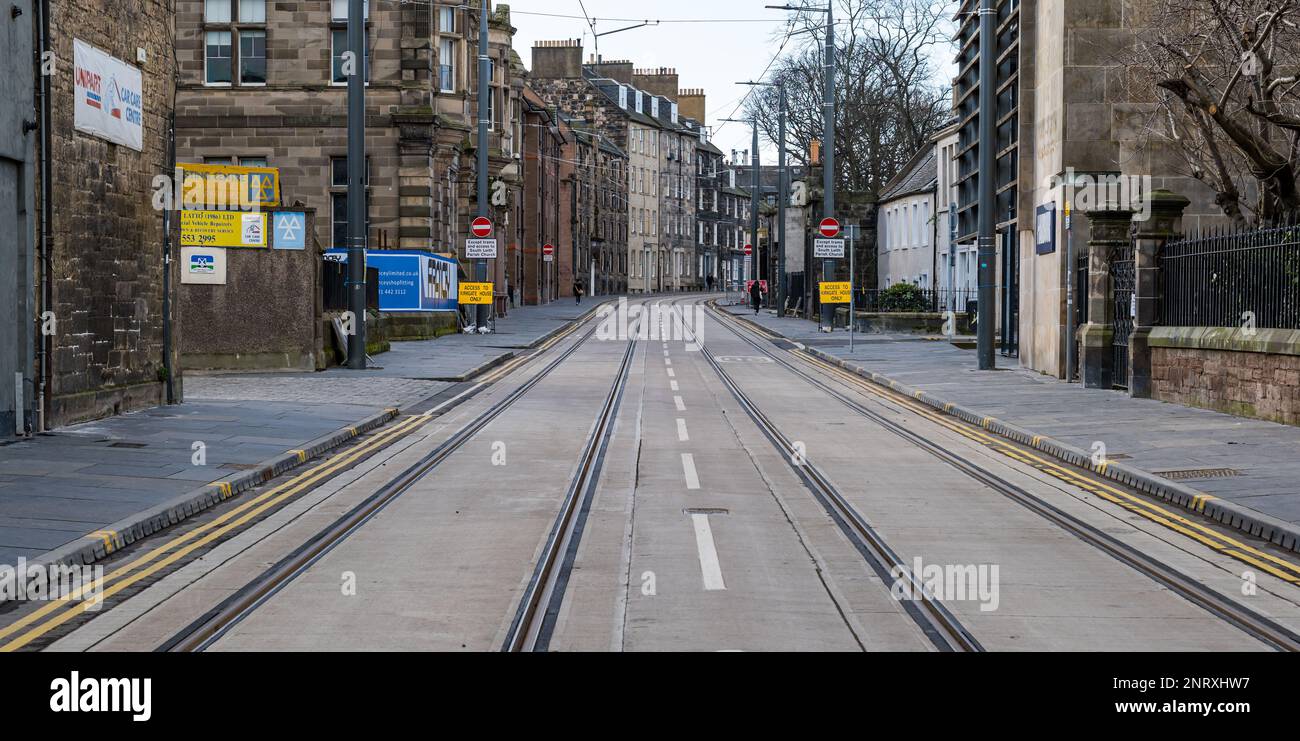 Nearly complete tram line tracks on extension on Constitution Street ...