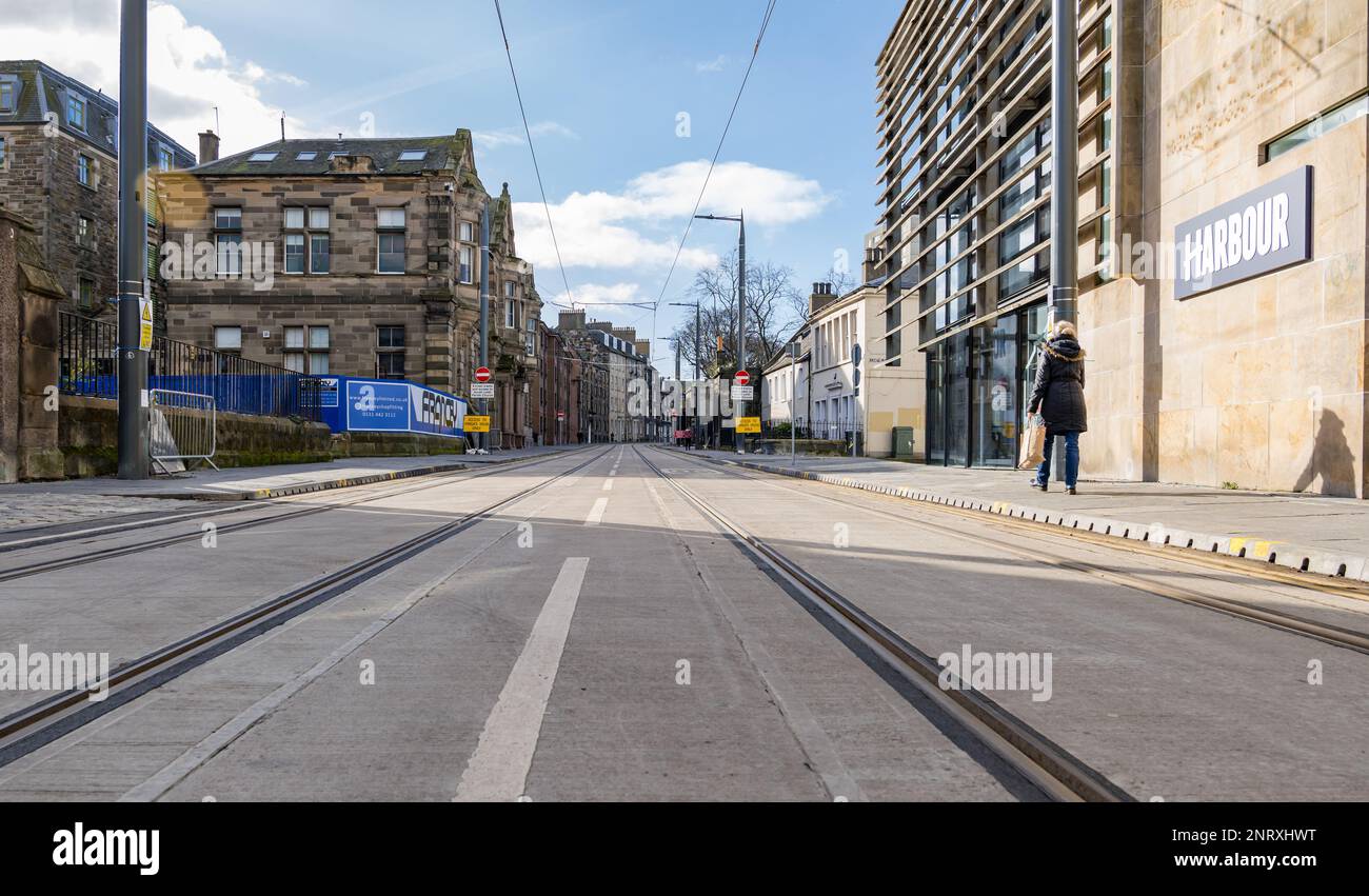Nearly complete tram line tracks on extension on Constitution Street ...
