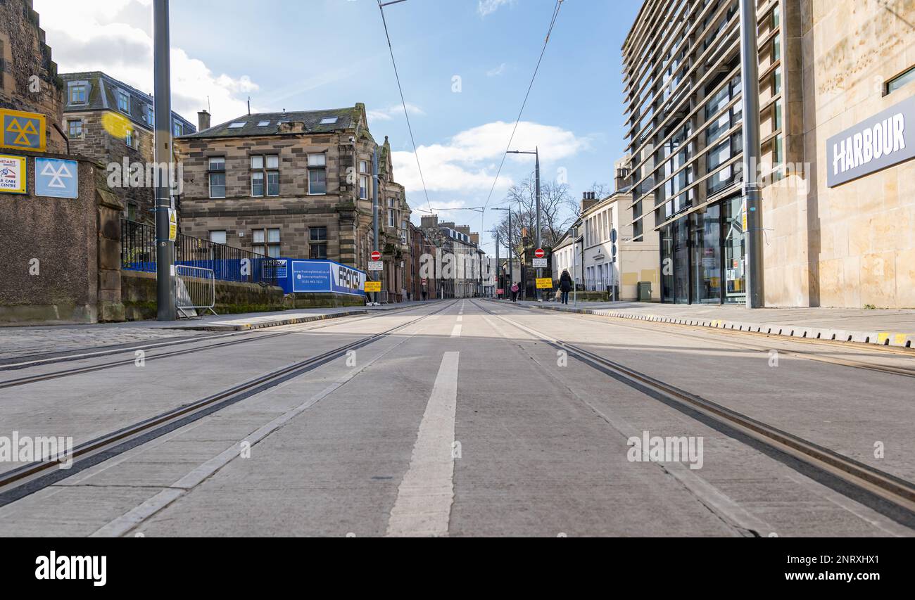 Nearly complete tram line tracks on extension on Constitution Street, Leith, Edinburgh, Scotland ...