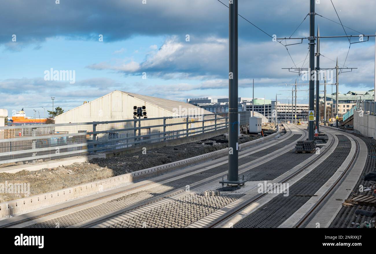 Nearly completed tram line extension at Newhaven, Leith, Edinburgh, Scotland, UK Stock Photo - Alamy