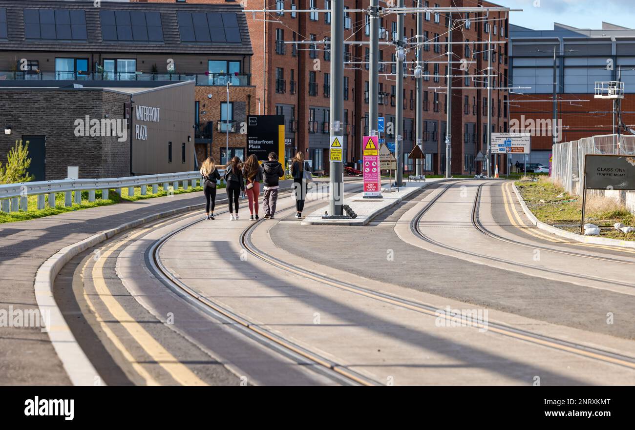 Nearly completed tram line extension on Ocean Drive, Leith, Edinburgh, Scotland, UK Stock Photo ...