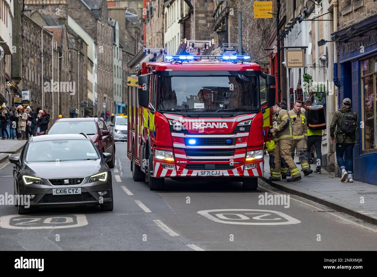 Scottish Fire Brigade engine attending a call out alarm on Royal Mile ...